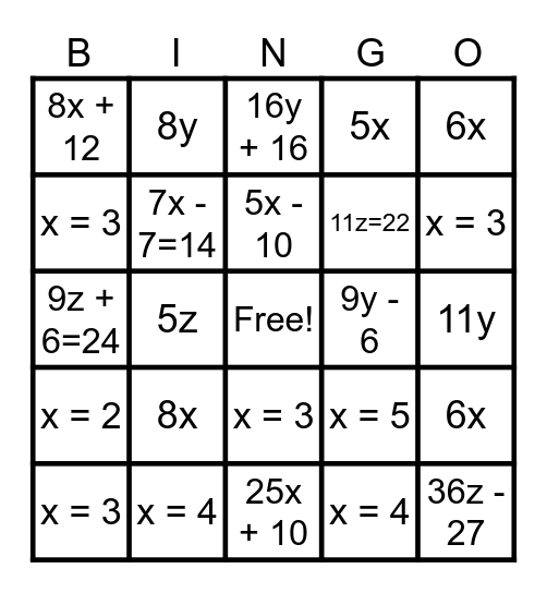 Pre Algebra Bingo Card