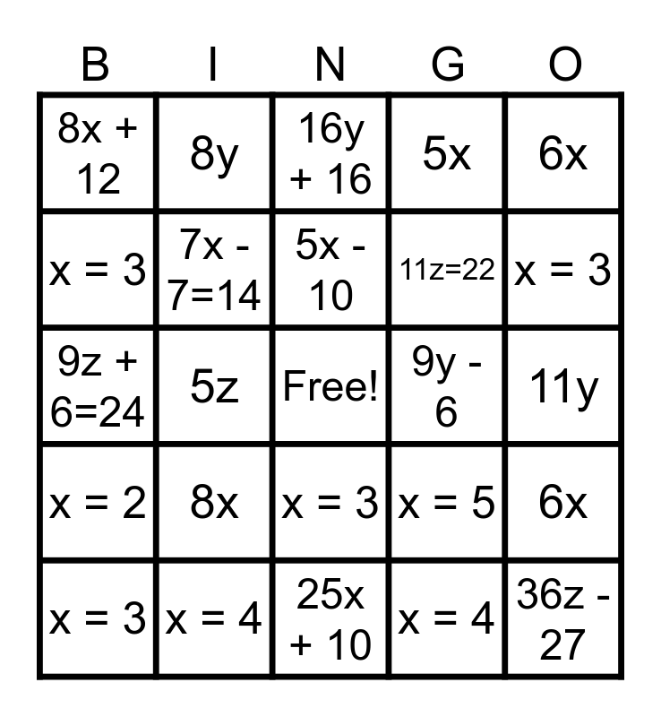 Pre Algebra Bingo Card