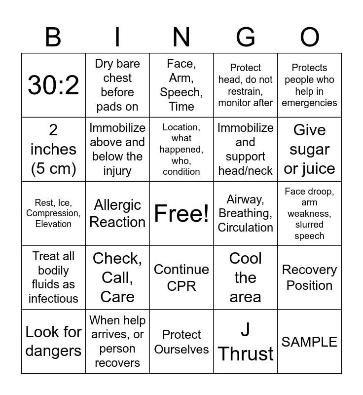 First Aid Bingo Card