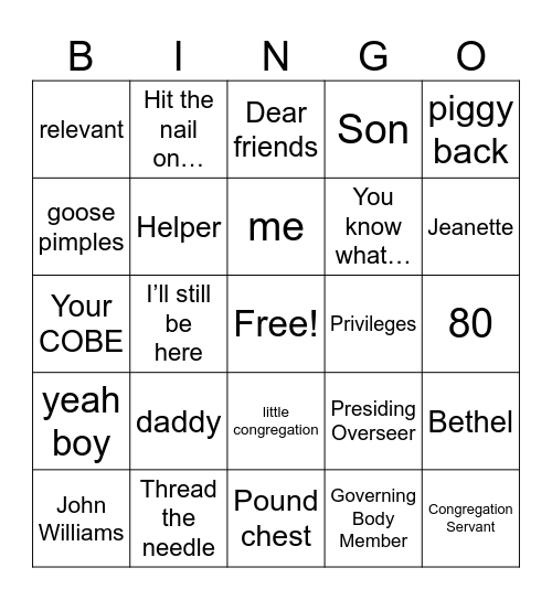John Williams Bingo Card