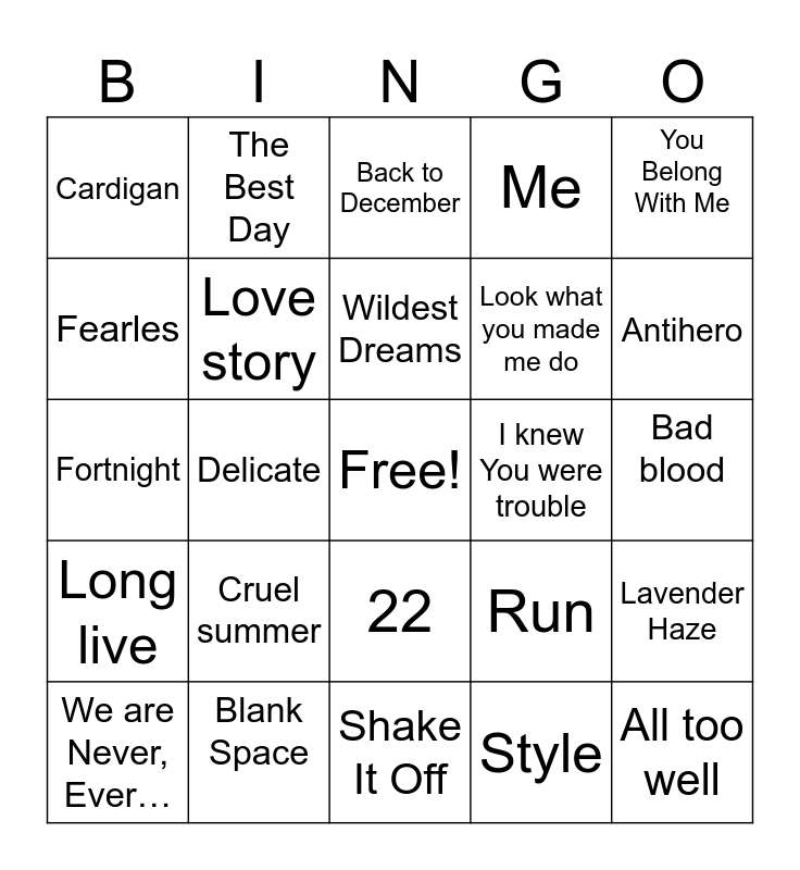 Taylor Swift Bingo Card