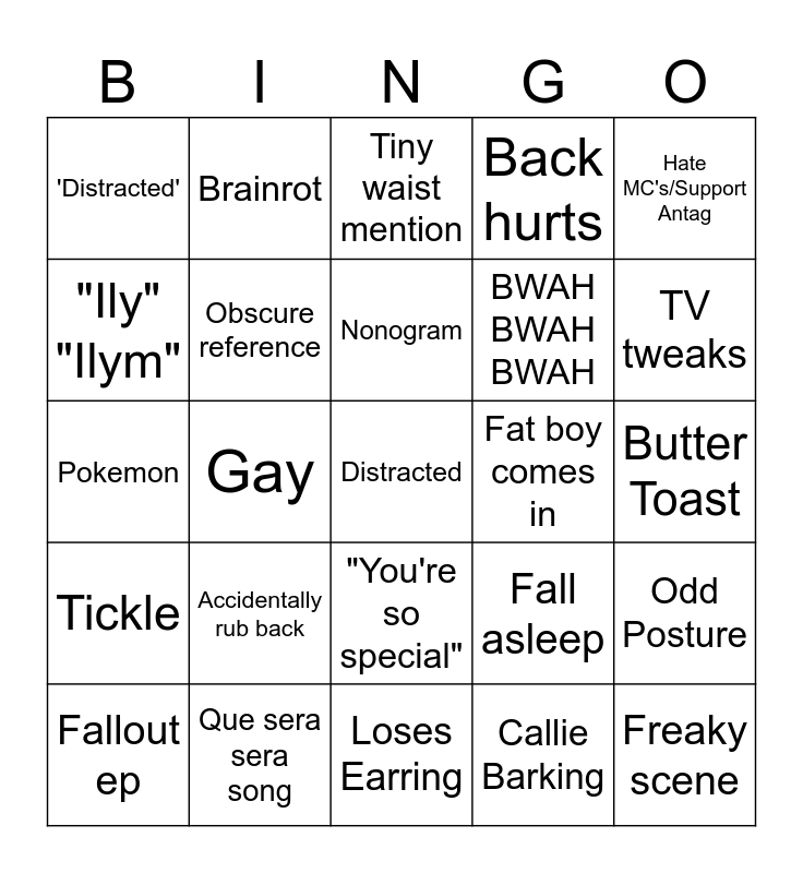 Boyfriend Sleepover Bingo Card