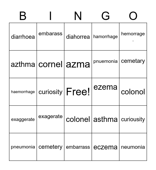 Words Commonly Misspelled Bingo Card