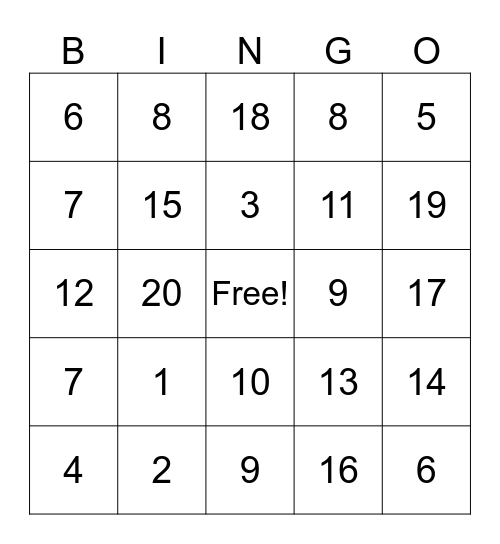 Addition Bingo Card