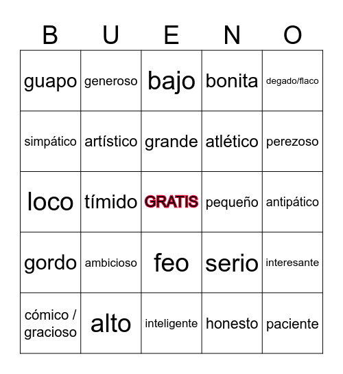 Spanish Adjectives Bingo Card