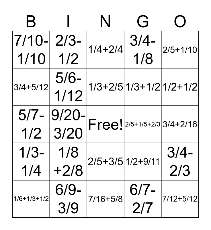 Adding and Subtracting Fraction Bingo Card