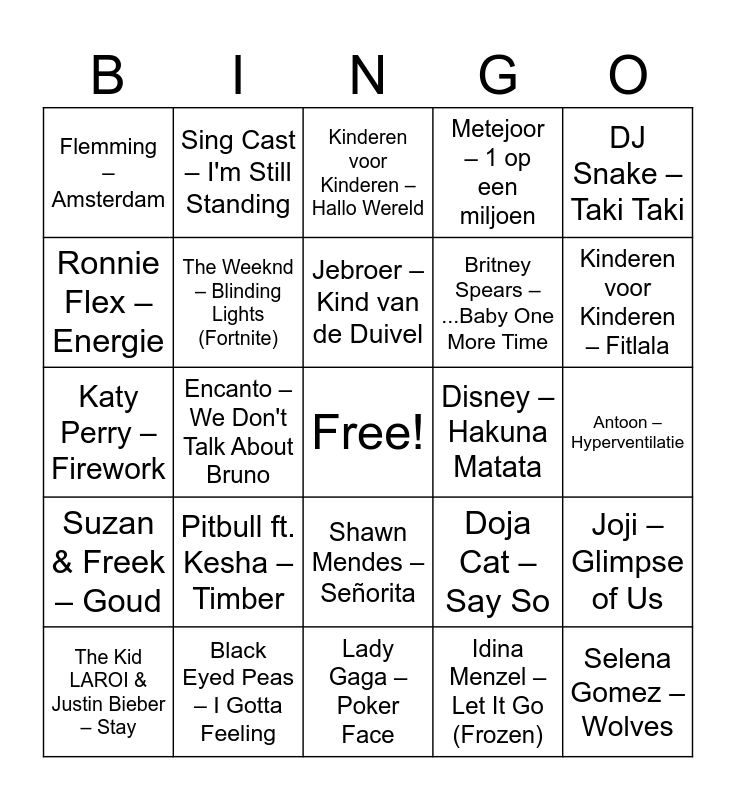 Muziek bingo Jubileumkamp - Ronde 1 Bingo Card