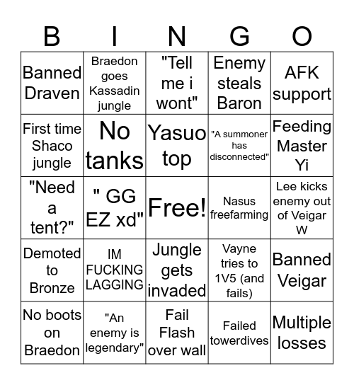 League of legends Bingo Card