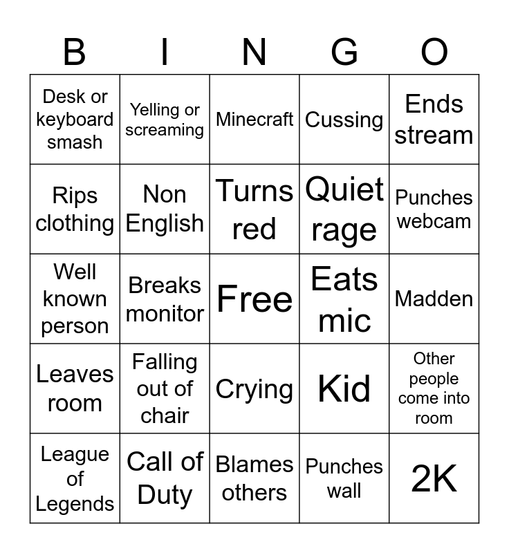 Gamer Rage Bingo Card