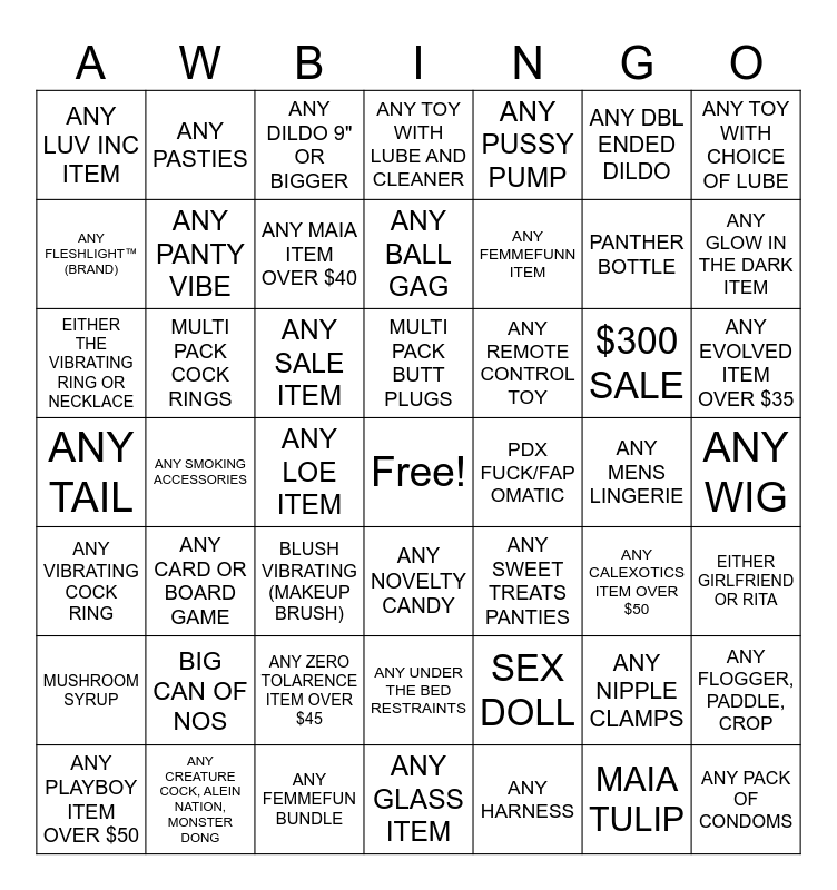 ADULT WORLD BINGO Card