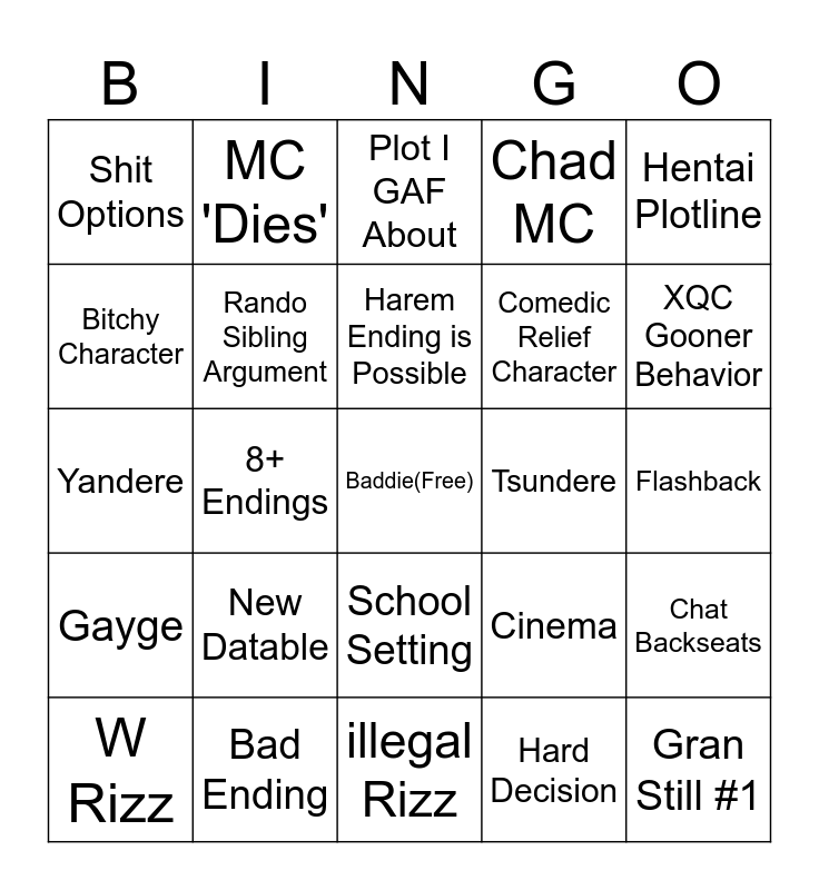 Visual Novel Bingo Card