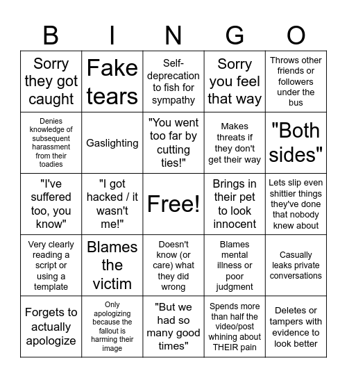 Internet Apology Bingo Card