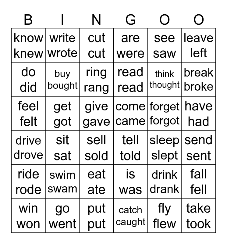 Irregular verbs: Infinitive and Past Simple Bingo Card