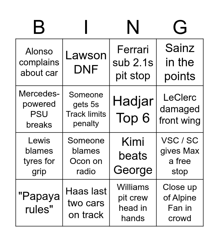 F1 Bingo Card