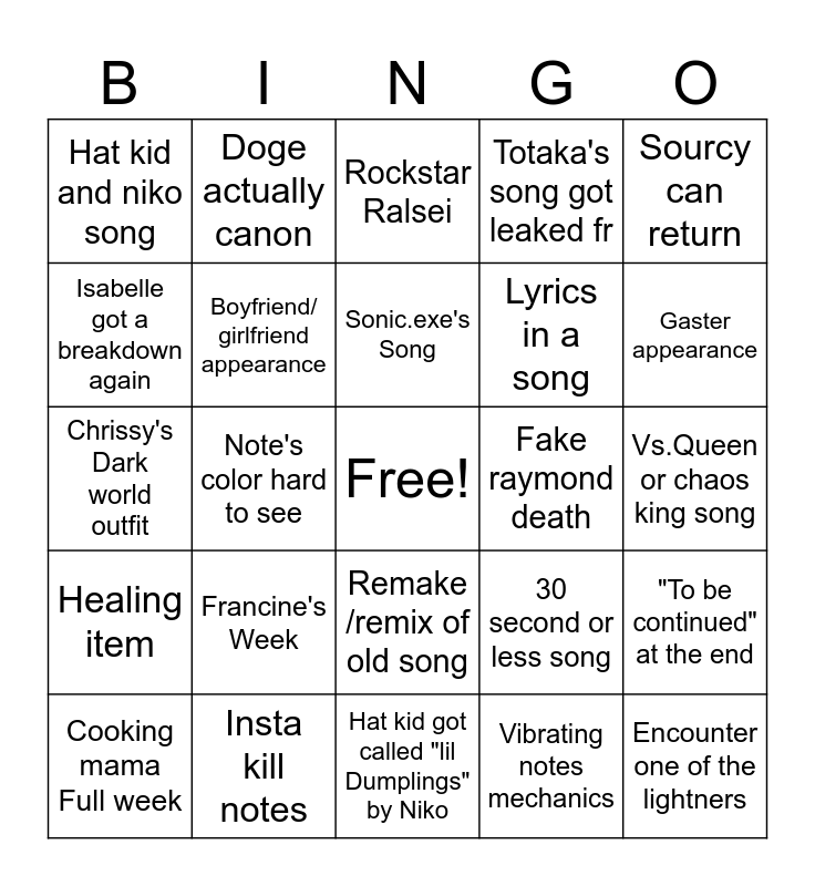 Fluffin V4 Bingo Card