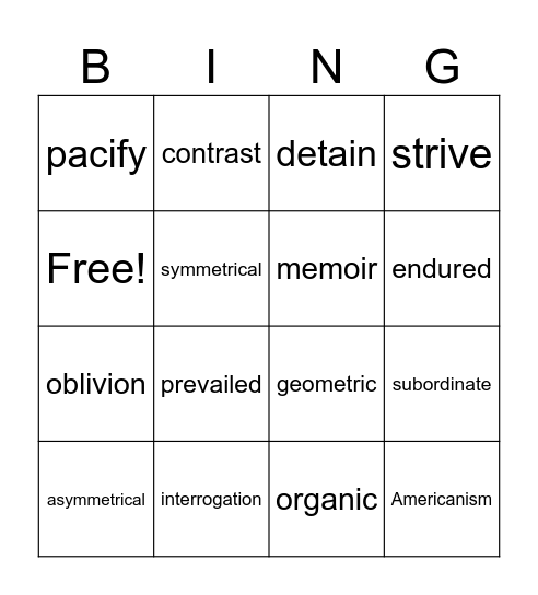 Farewell to Manzanar Vocabulary BINGO Card