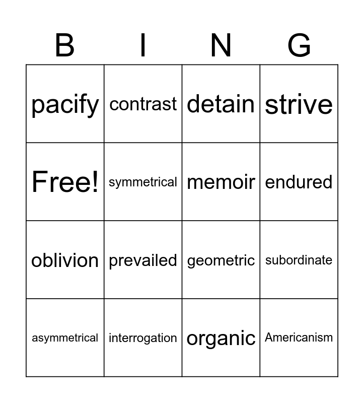 Farewell to Manzanar Vocabulary BINGO Card