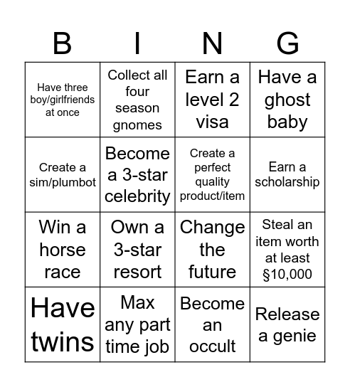 Sims 3 Bingo Card