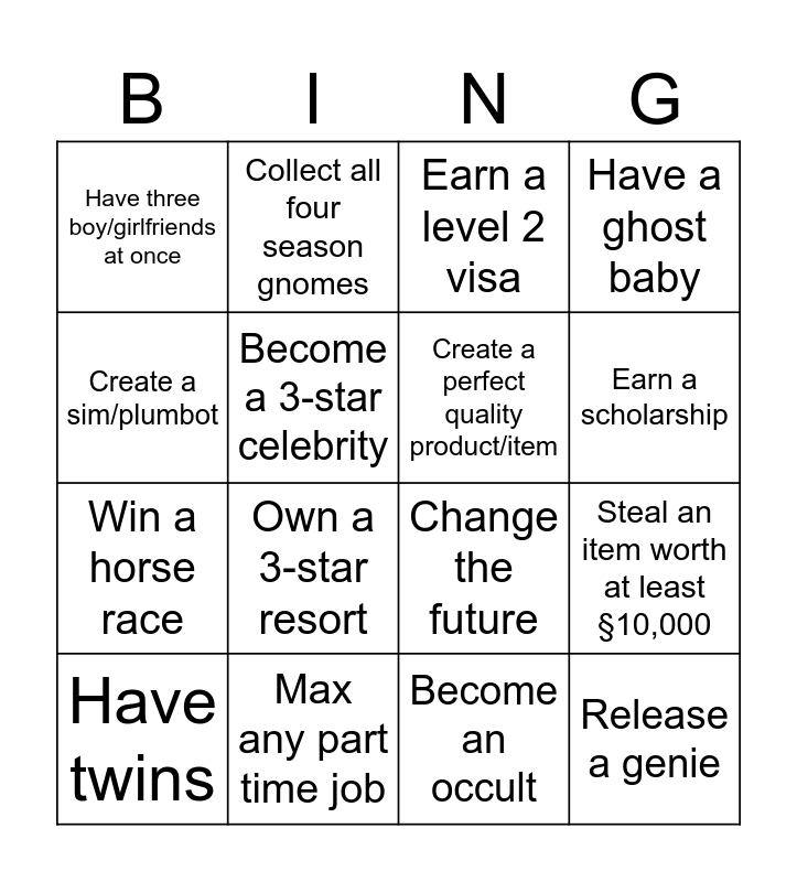 Sims 3 Bingo Card