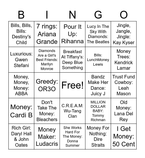 Money Songs Bingo Card