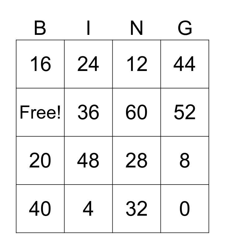 Skip Counting 4's Bingo Card
