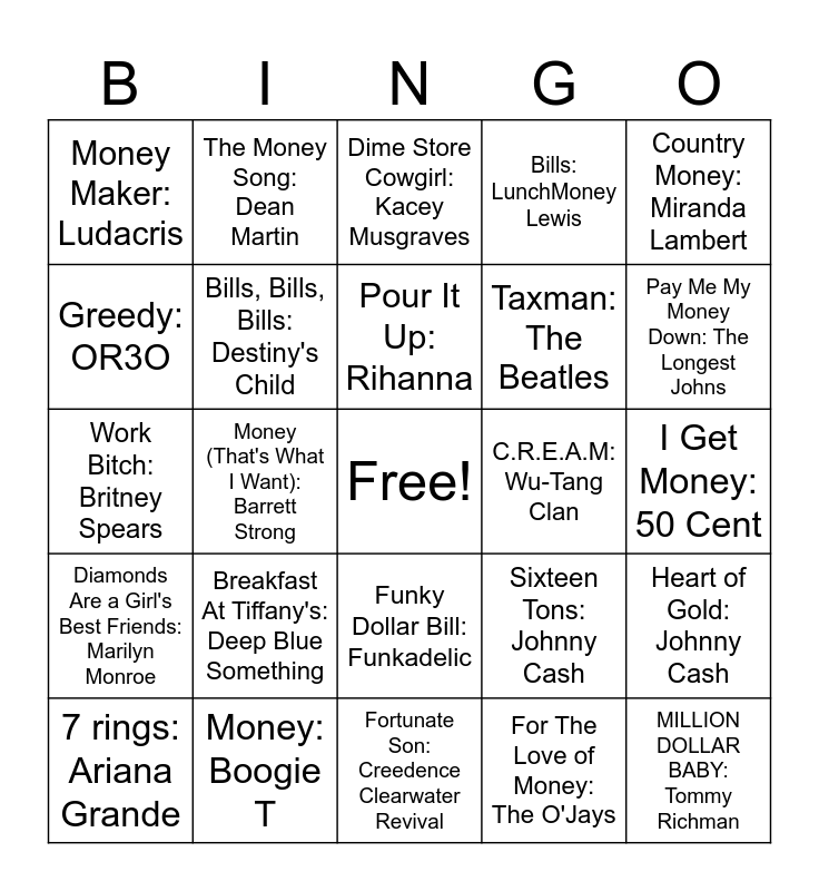 Money Songs Bingo Card