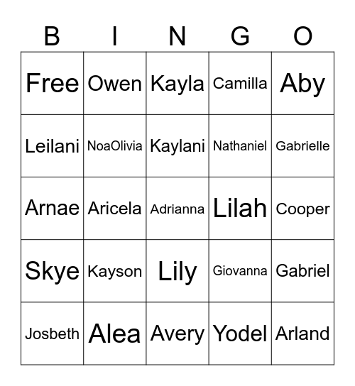 3rd Grade Name Bingo Card