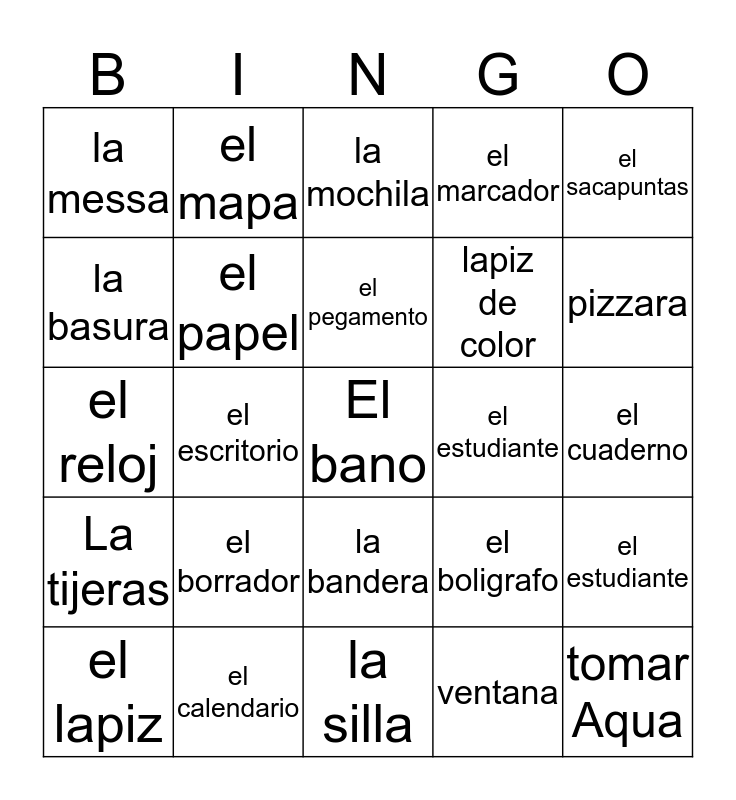 Classroom Objects in Spanish Bingo Card