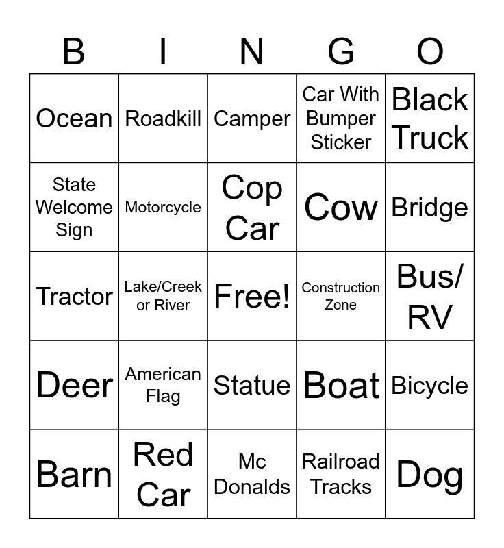 North Carolina Trip Bingo Card
