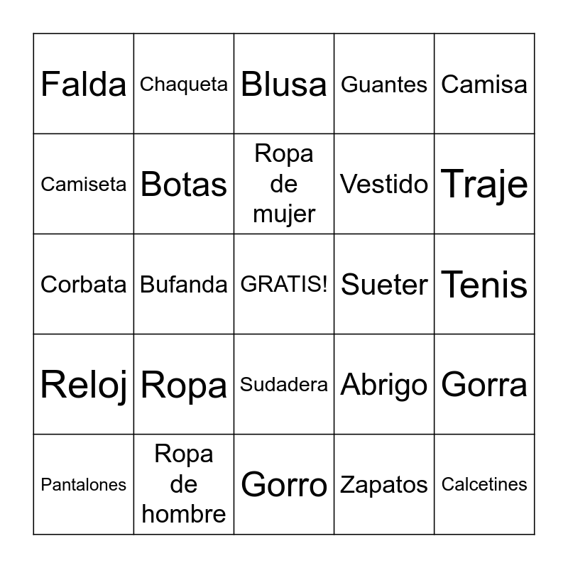 La Ropa Bingo Card