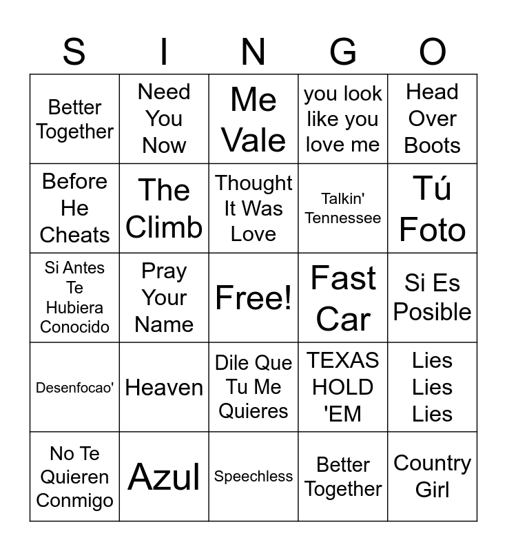SINGO Bingo Card