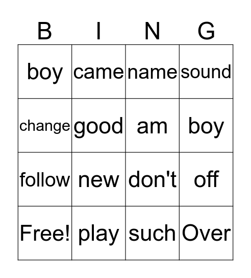 List B Words Bingo Card