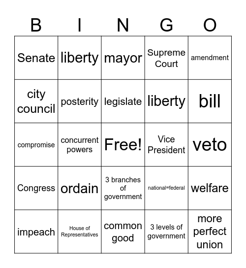 US CONSTITUTION BINGO Card