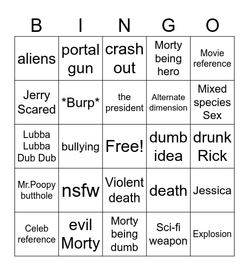 Rick and Morty Bingo Card