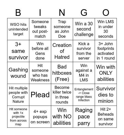 Forsaken killer bingo Card