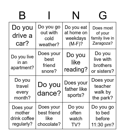 Present Simple Bingo Card