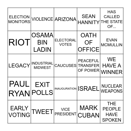 2016 Presidential Election Bingo! Bingo Card