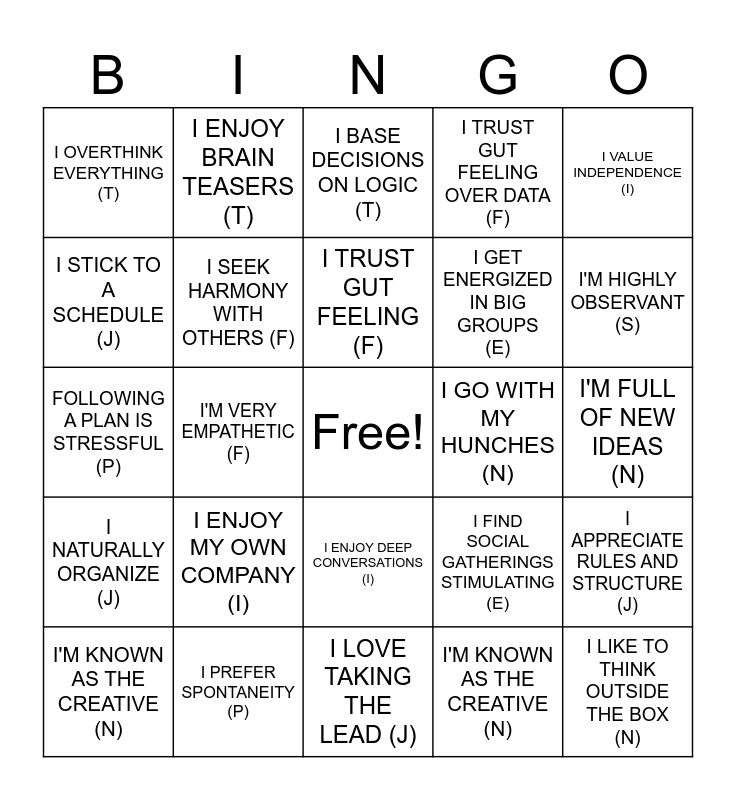 Myers Brigg's Personality Bingo Card