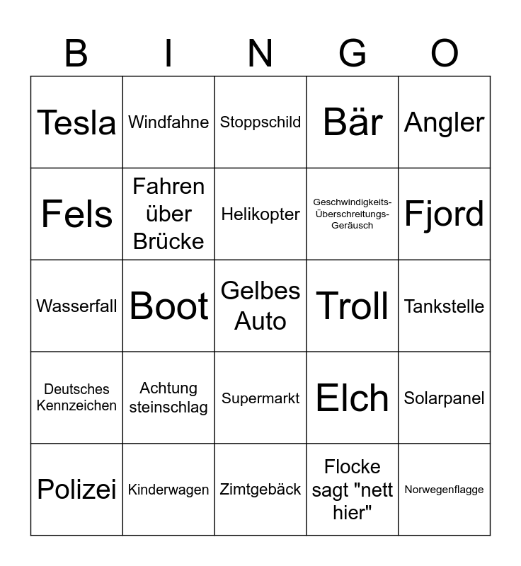 Norwegen autofahrt Bingo Card