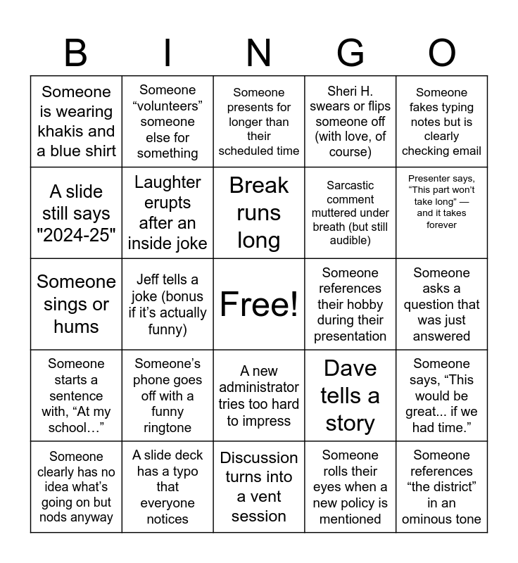 CCSD Administrator Summit Bingo Card