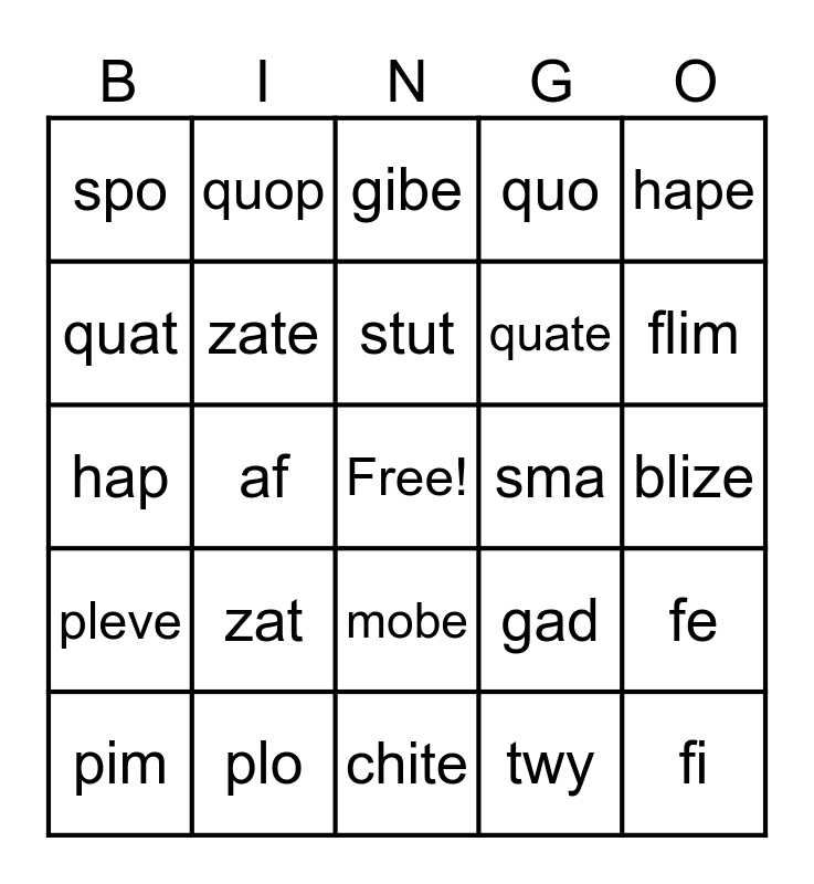 Nonsense Word BINGO C, VCe, O Bingo Card