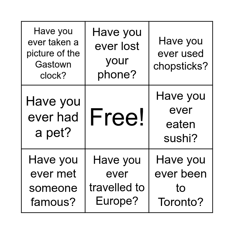 Present Perfect Bingo Card