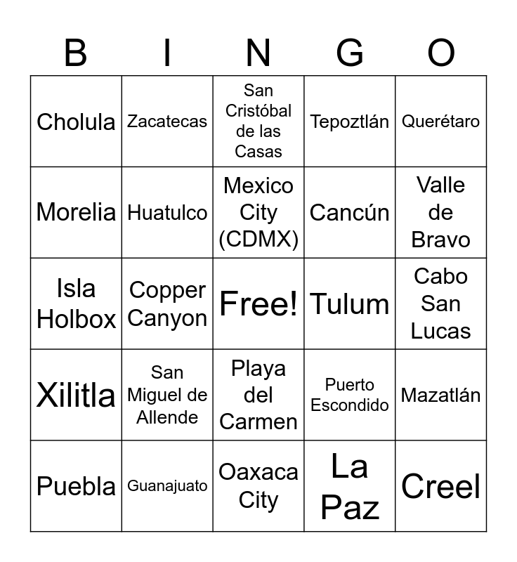 Mexico Summer Destinations Bingo Card