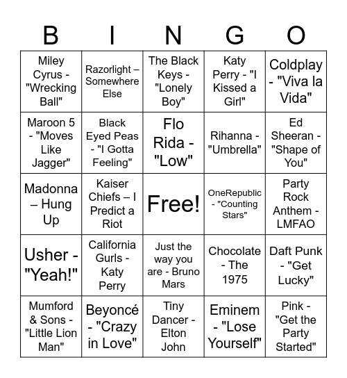 Classical Pop Hits Bingo Card