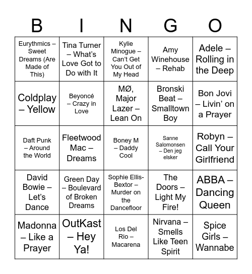 Tjek Music Bingo Card