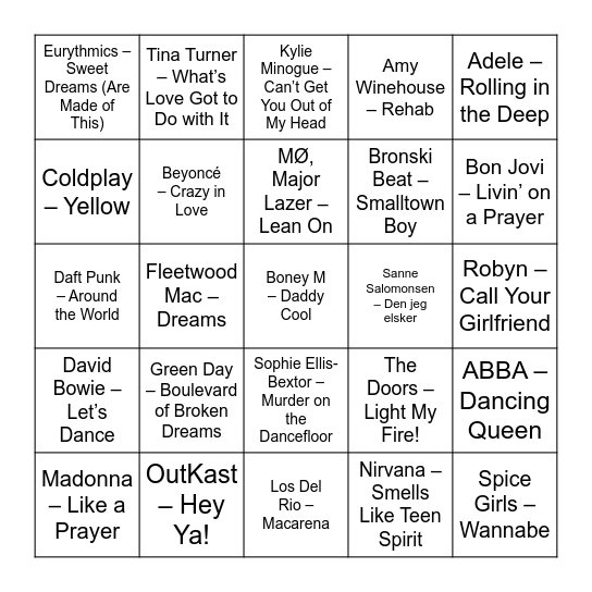 Tjek Music Bingo Card