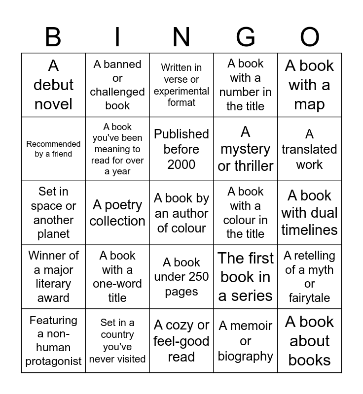 Reading Challenge Bingo Card