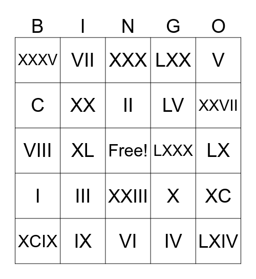 Roman Numerals Bingo Card