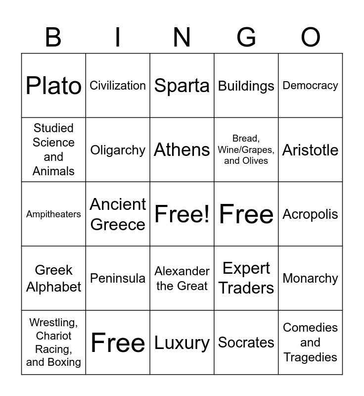 Ancient Greece Bingo Card