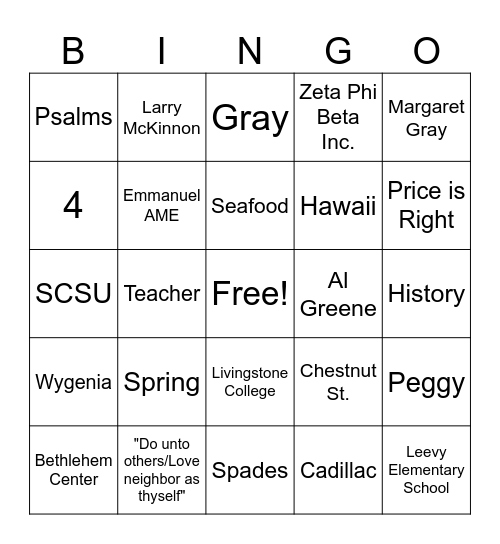 Margaret "Peggy" Turner Birthday Bingo Card